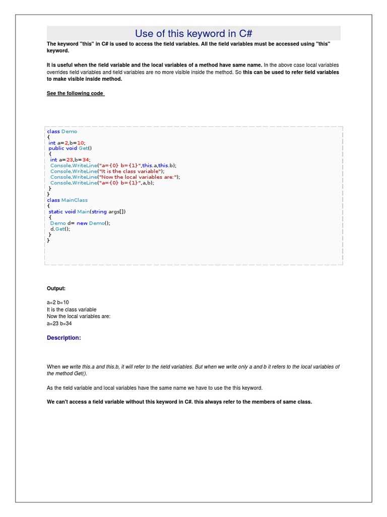 Use of This Keyword in C#: Class Int Public Void Int This This | PDF