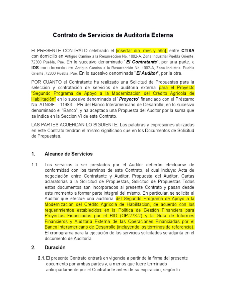 Contrato de Servicios de Auditoría Externa | PDF | Contralor | Bancos