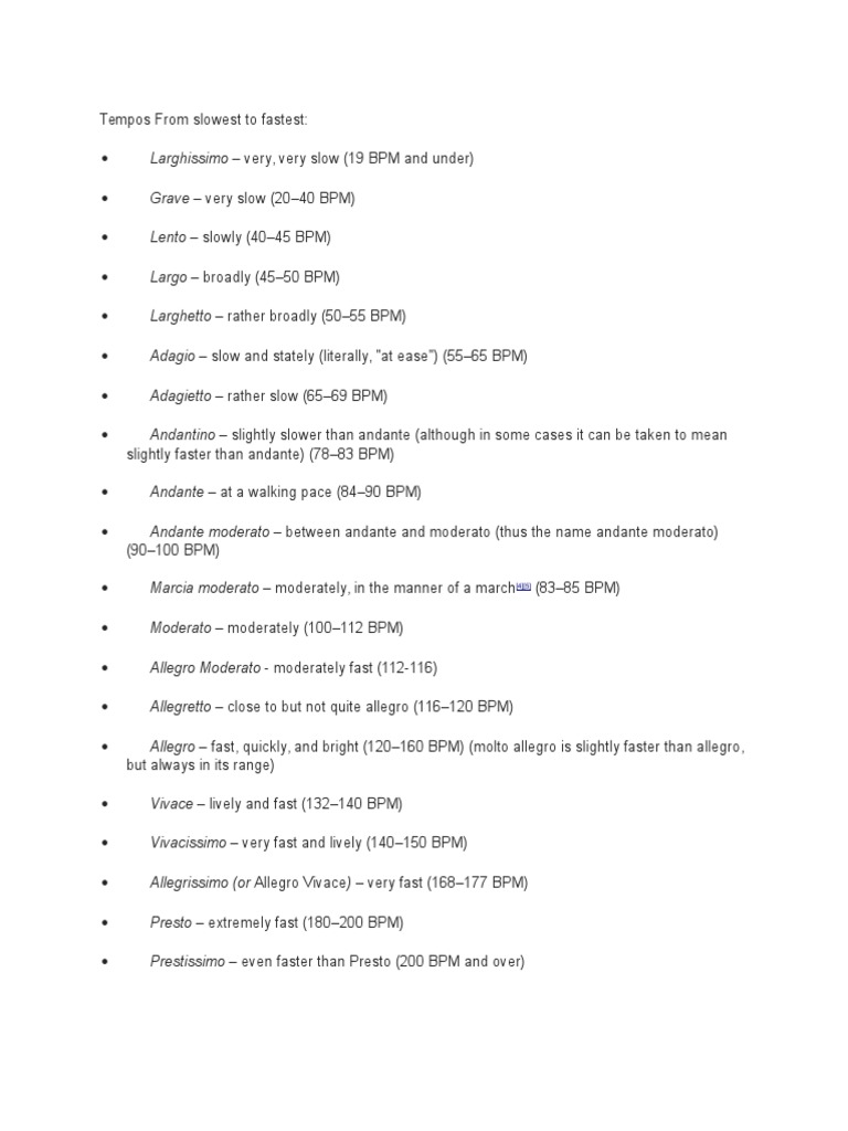 Tempos From Slowest To Fastest | PDF