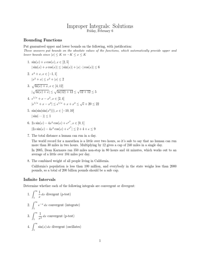 Improper Integrals: Solutions: Bounding Functions | PDF | Integral ...