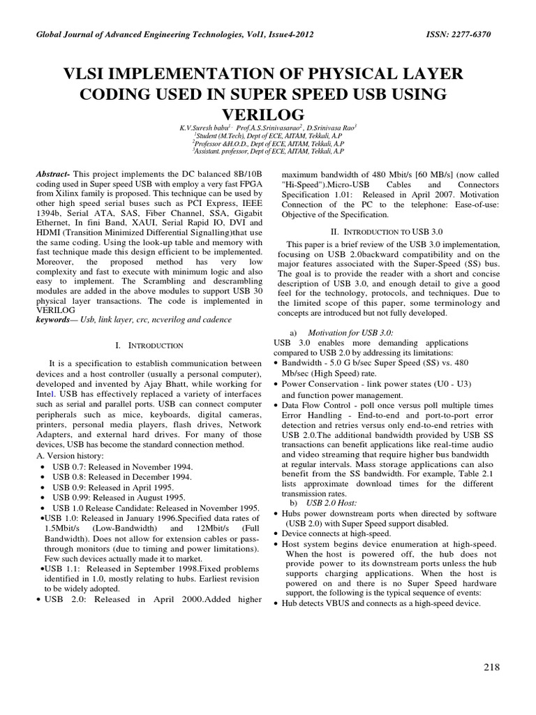 Vlsi Implementation of Physical Layer Coding Used in Super Speed Usb ...