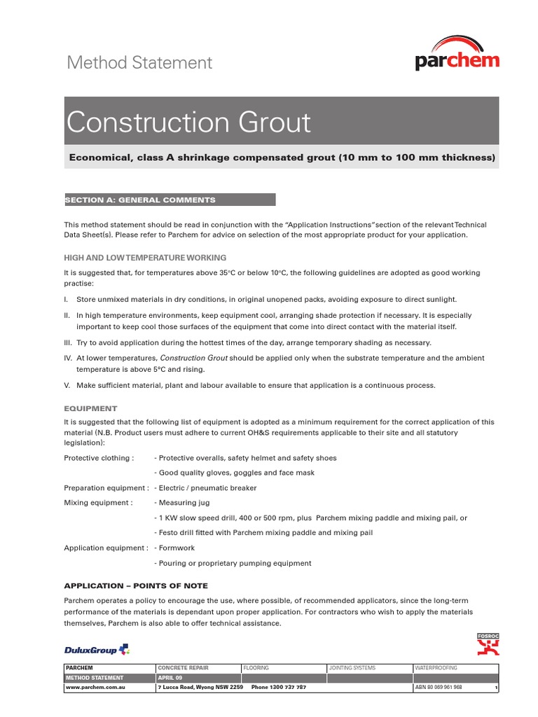 Parchem Construction Grout Method Statement | PDF | Concrete | Water