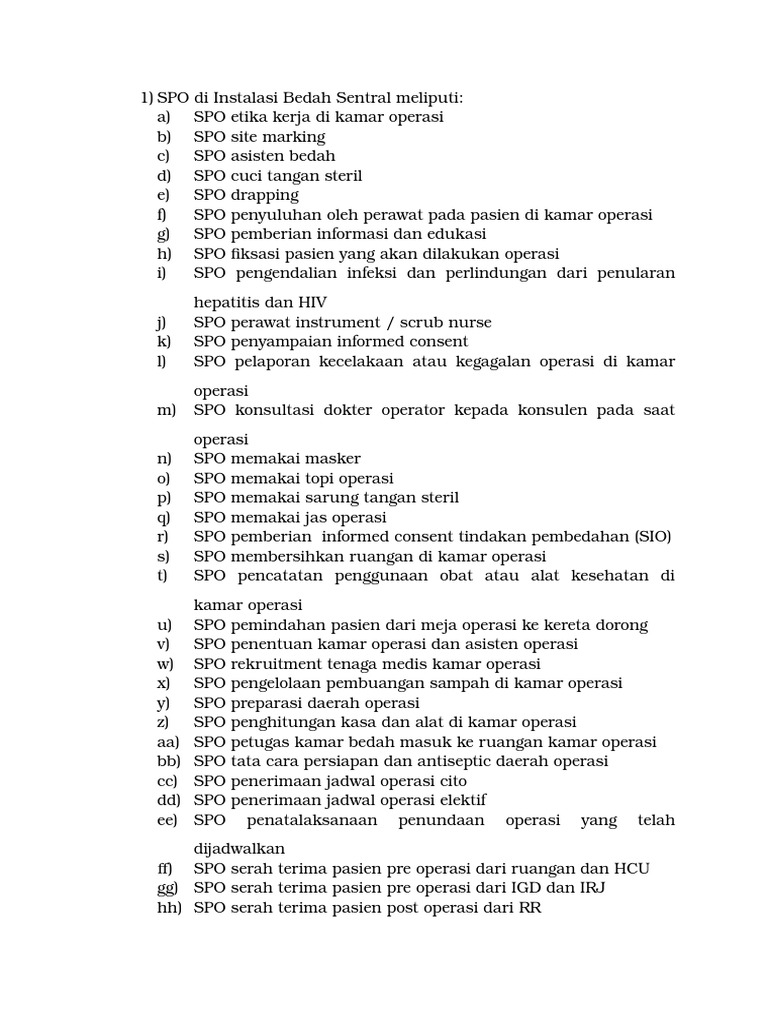 SPO Di Instalasi Bedah Sentral Meliputi | PDF