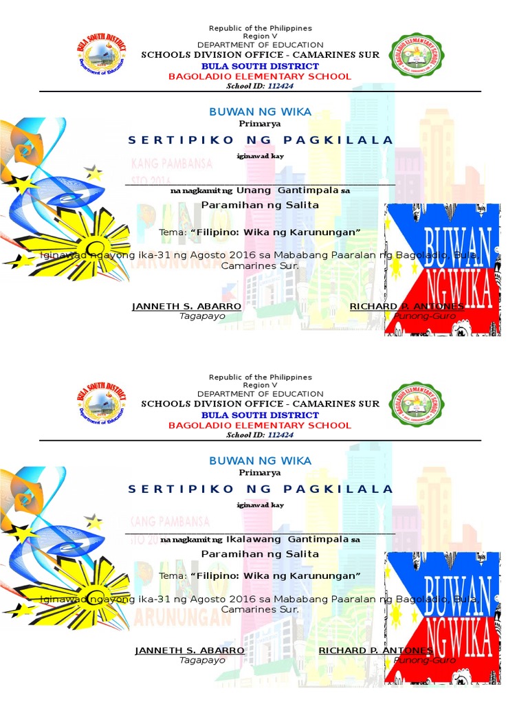 Buwan Ng Wika 2025 Sertipiko Ng Parangal In English