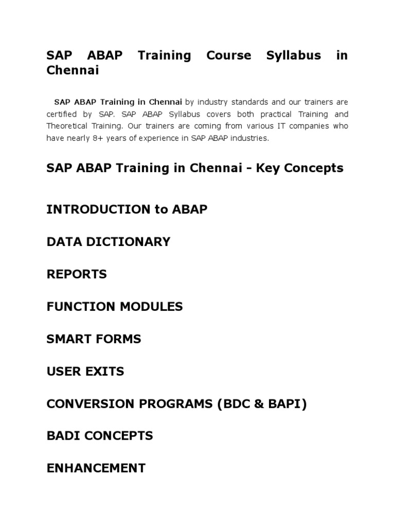 Sap Abap Course Syllabus in Chennai | PDF | Subroutine | Database Index