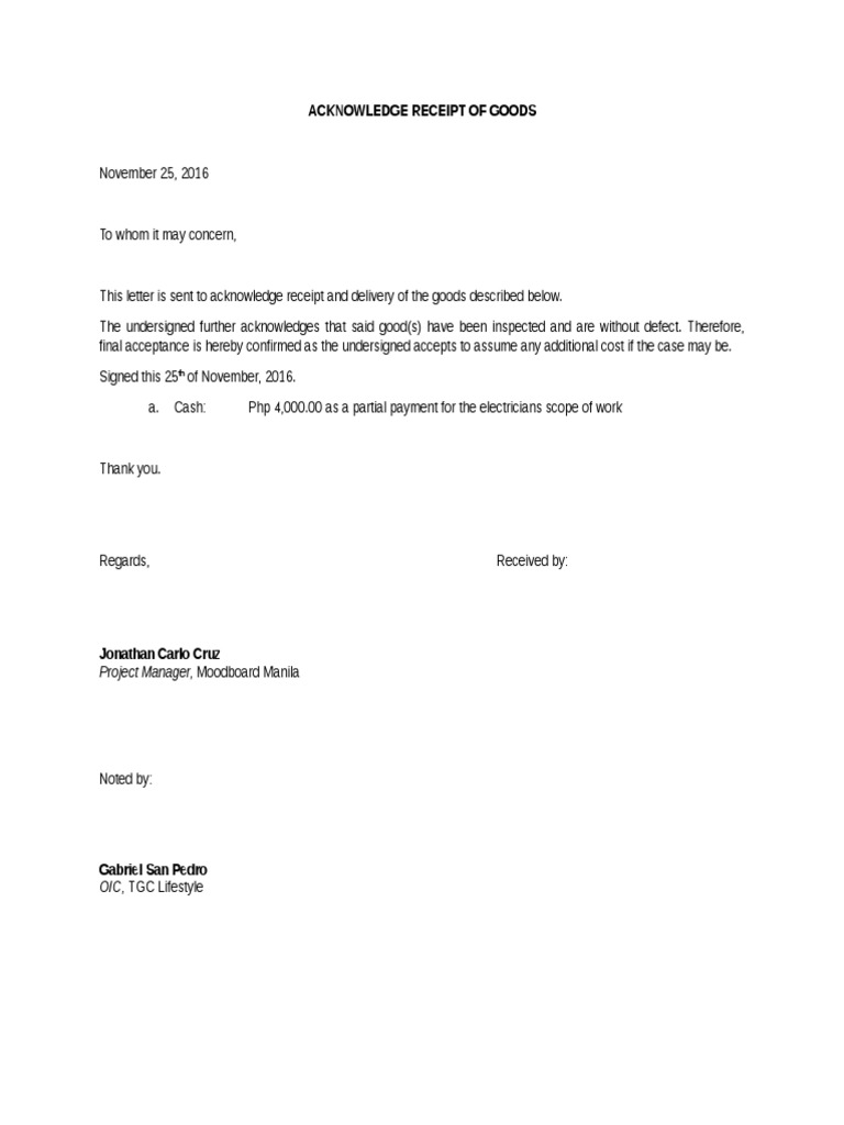 Acknowledgement of Goods Receipt | PDF