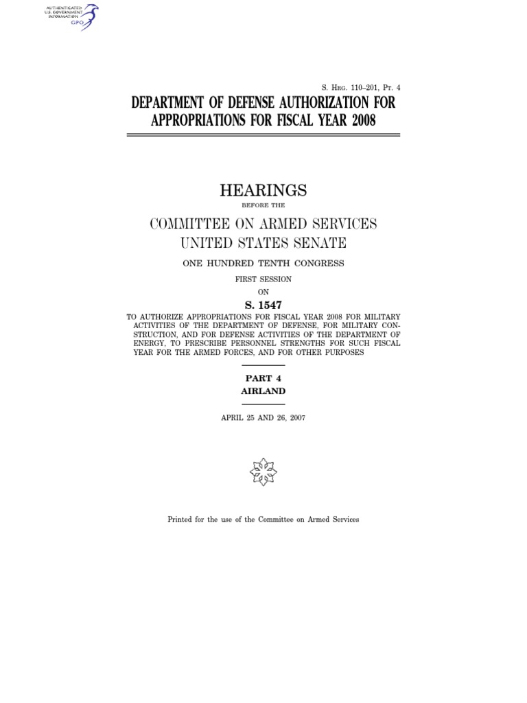 Senate Hearing, 110TH Congress - Department of Defense Authorization ...