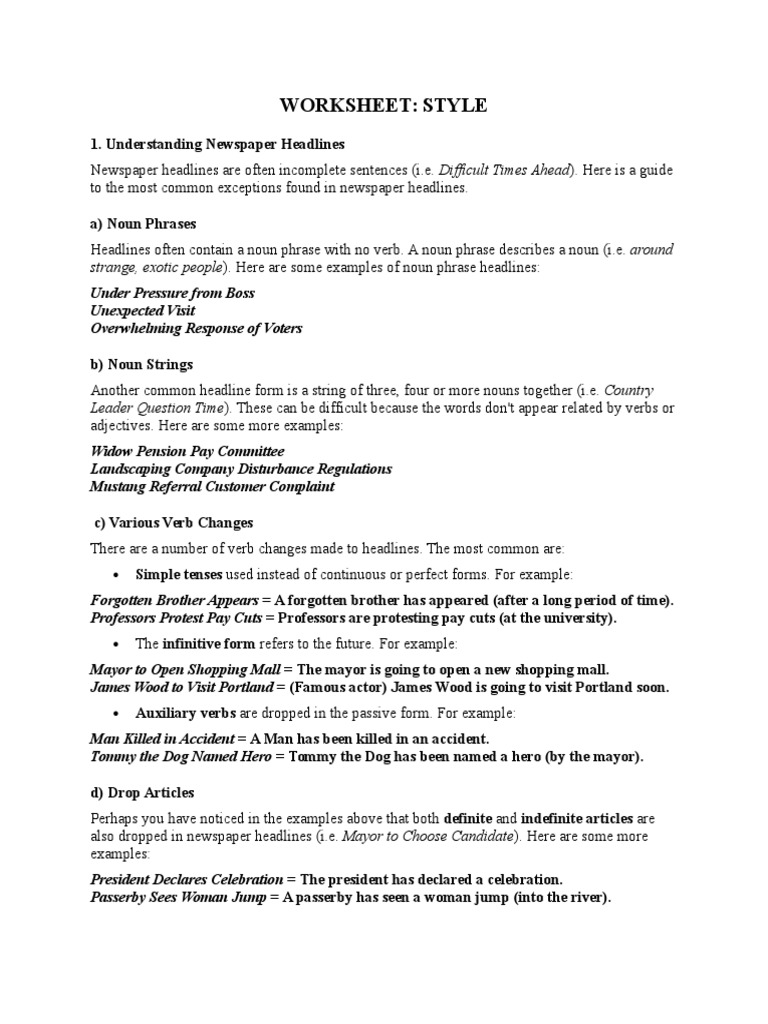 Worksheet: Style: 1. Understanding Newspaper Headlines | PDF | Verb | Noun