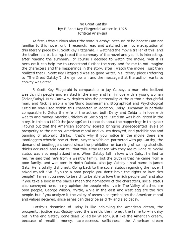 Critical Analysis | PDF | The Great Gatsby | Zelda Fitzgerald