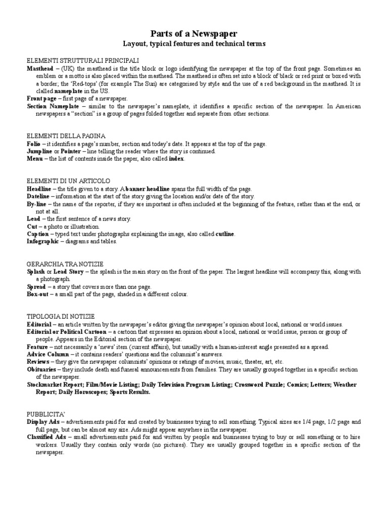 Parts of A Newspaper: Layout, Typical Features and Technical Terms ...