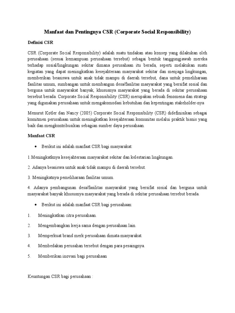 Manfaat CSR bagi Perusahaan dan Masyarakat | PDF