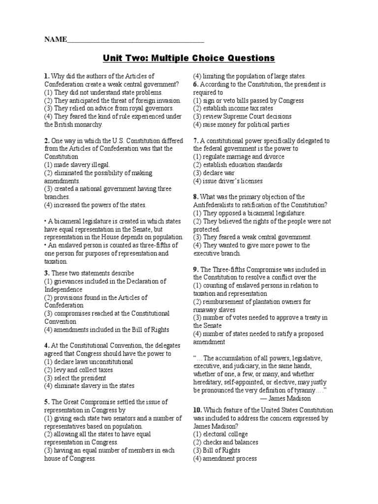 Unit Two: Multiple Choice Questions: NAME | Download Free PDF | Federal ...