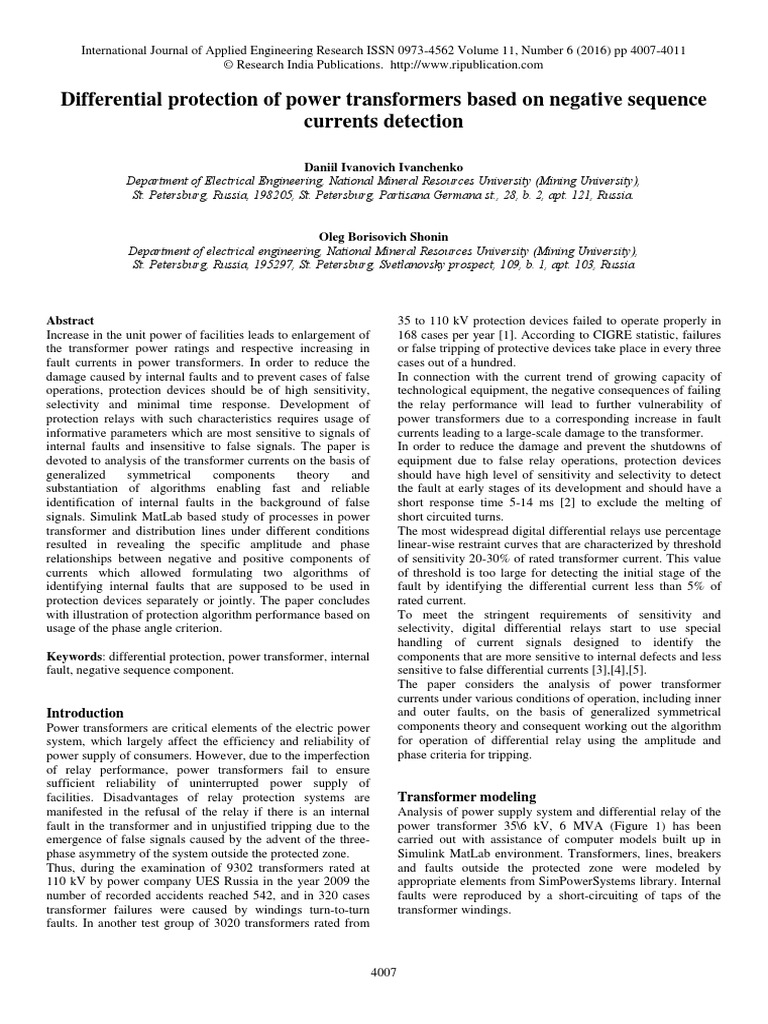 Differential Protection of Power Transformers Based On Negative Sequence Currents Detection ...