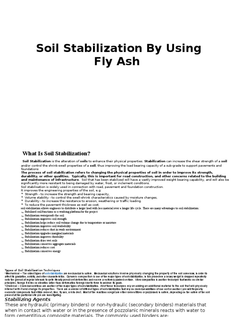 Soil Stabilization by Using: Fly Ash | PDF | Fly Ash | Soil
