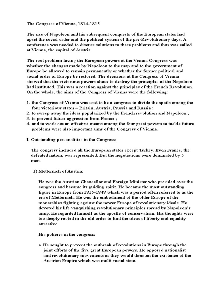 The Congress of Vienna | PDF | Napoleon | Prussia