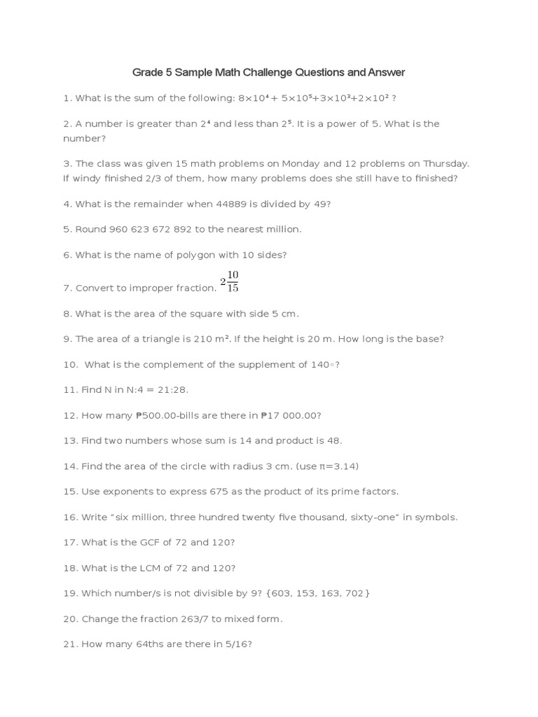 Grade 5 Sample Math Challenge Questions and Answer | PDF | Area | Chicken
