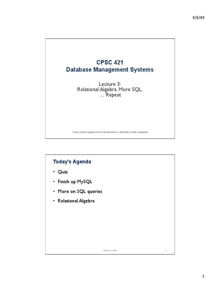 Cpsc 421 Database Management Systems Relational Algebra More Sql Repeat Pdf Relational