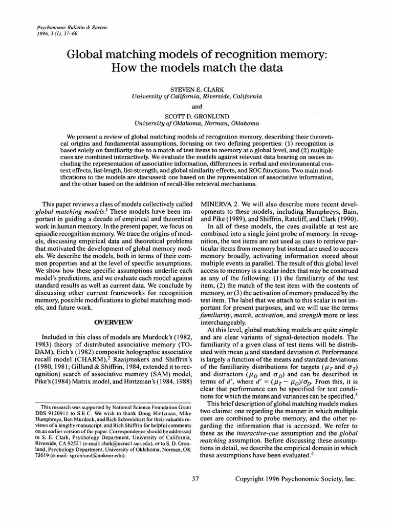 Global Matching Models of Recognition Memory How The Models Match The ...