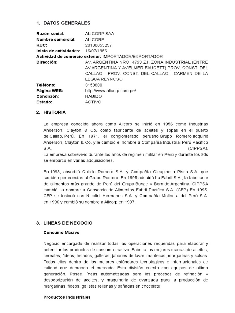 Datos Generales Empresa Alicorp | PDF | Alimentos | Comida y bebida