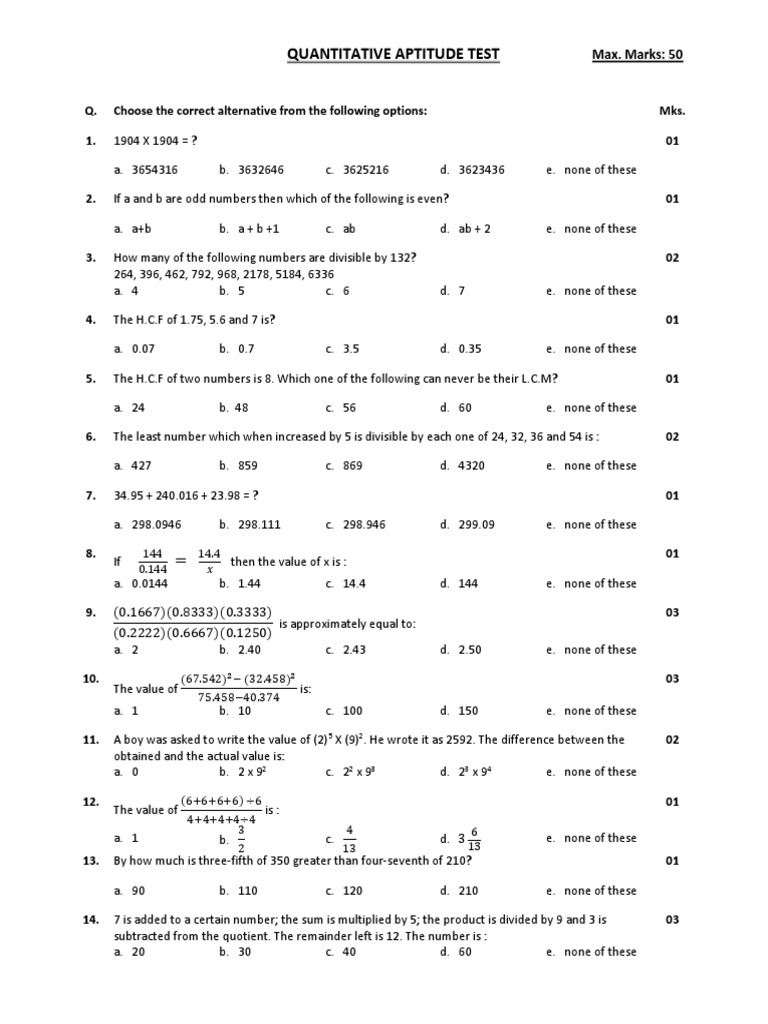 Quantitative Aptitude Test: Max. Marks: 50 | PDF | Mathematical ...