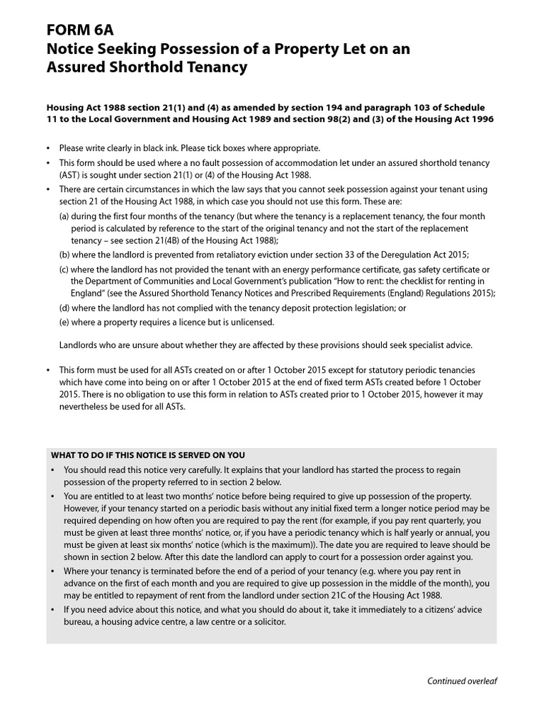 Form 6A Notice Seeking Possession of A Property Let On An Assured ...