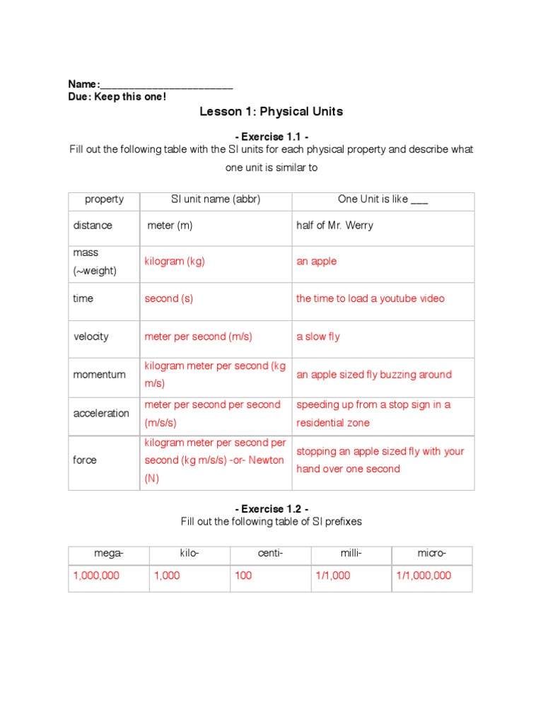 Lesson 1: Physical Units: Name: - Due: Keep This One! | PDF | Science & Mathematics | Technology ...