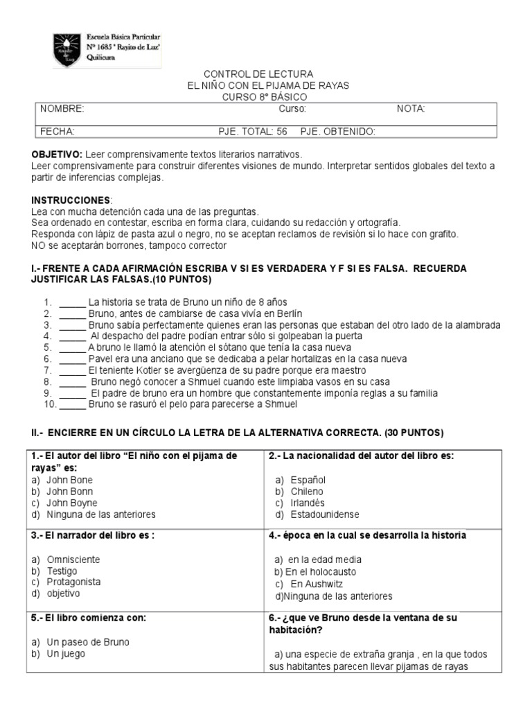 Prueba Del Libro El Niño Con El Pijama de Rayas | PDF | Campo de ...