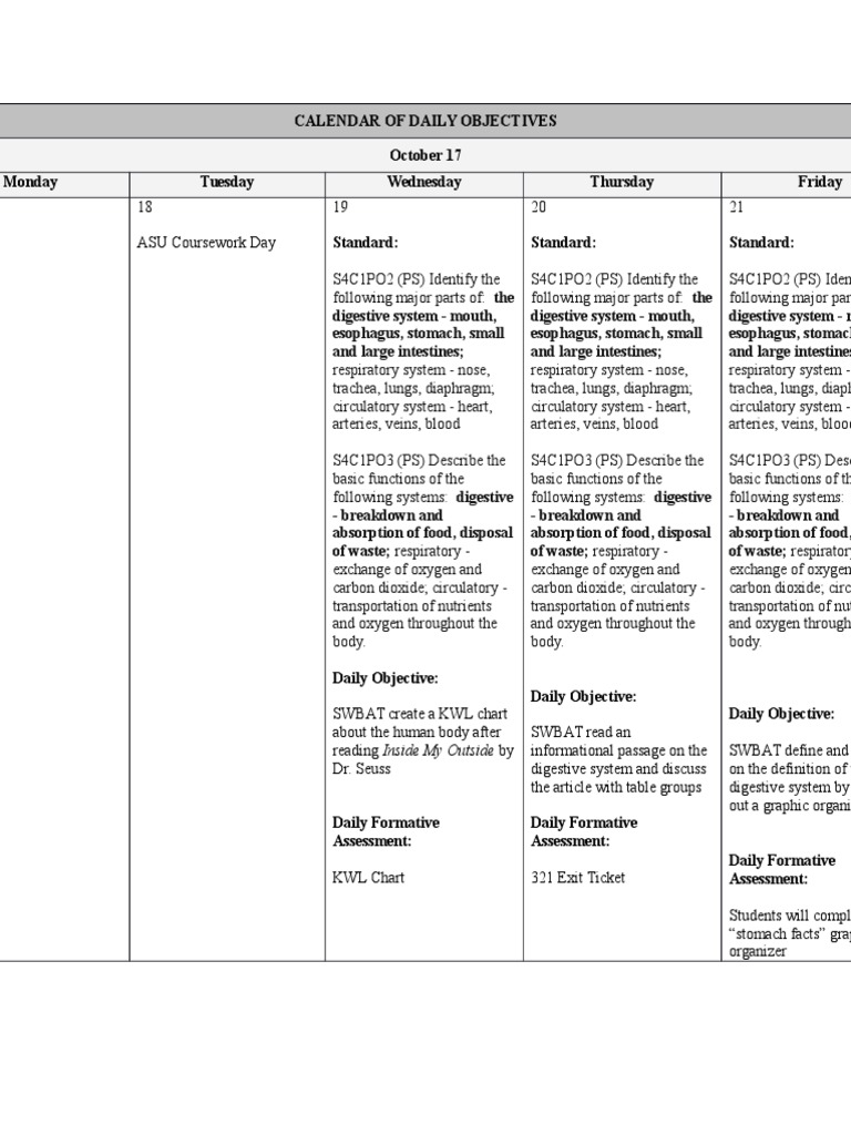 Data Showcase Objectives Calendar | PDF | Respiratory System ...