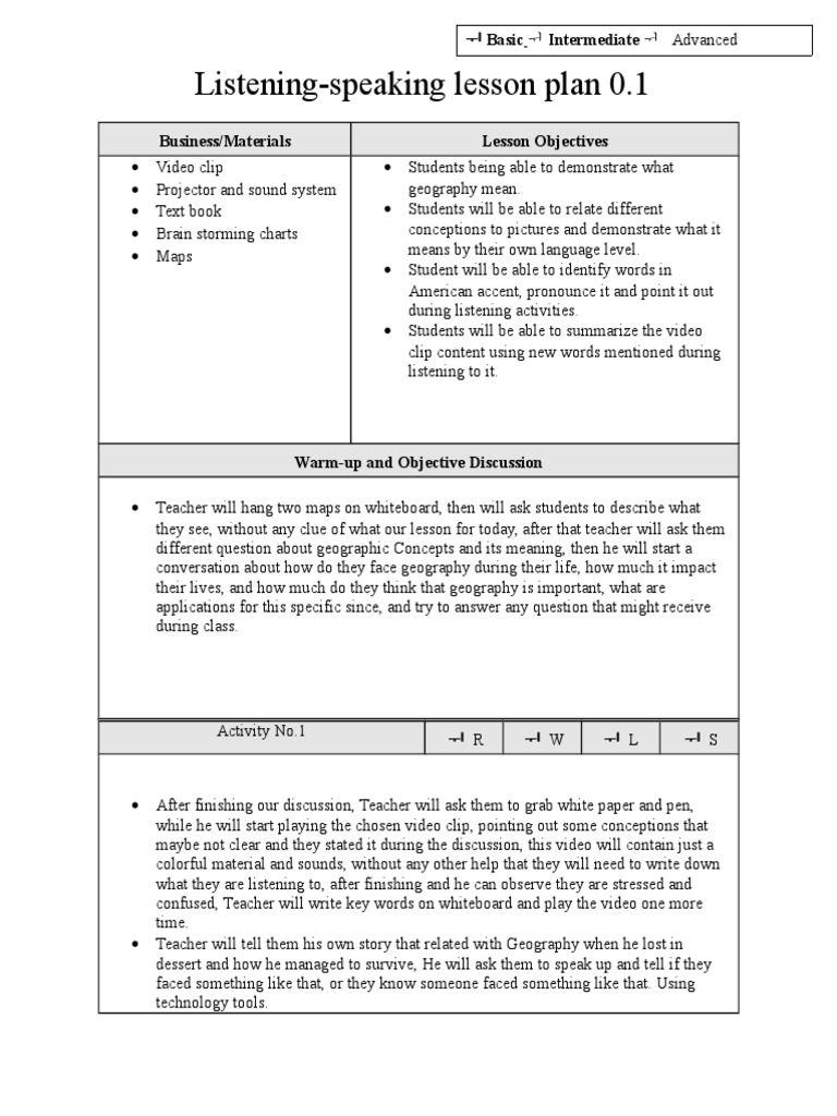 Listening - Speaking Lesson Plan l1 | PDF | Lesson Plan | Stress ...
