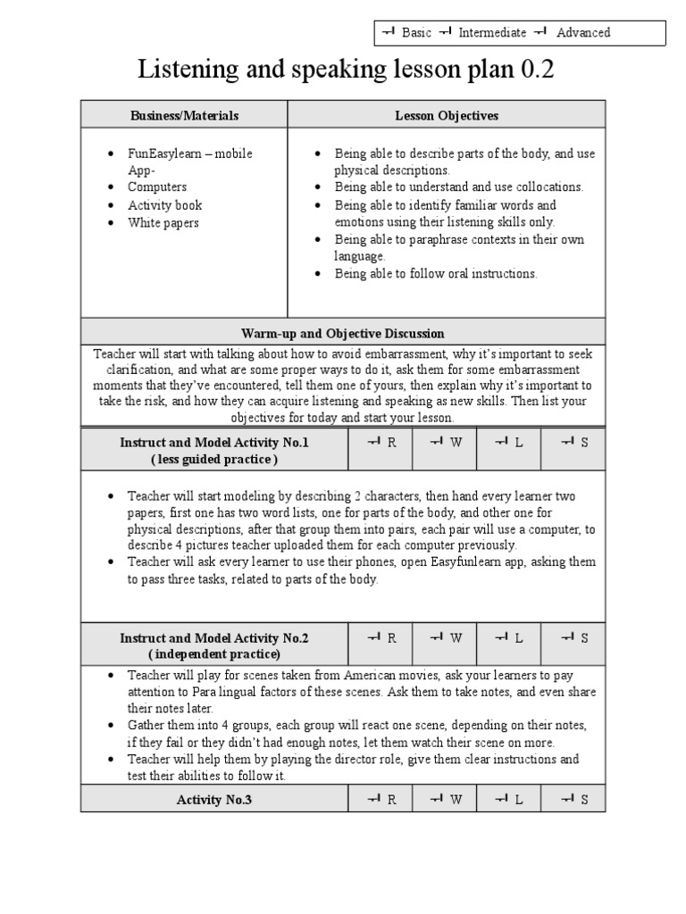 Listening - Speaking Lesson Plan l2 | PDF | Lesson Plan | Neuropsychology