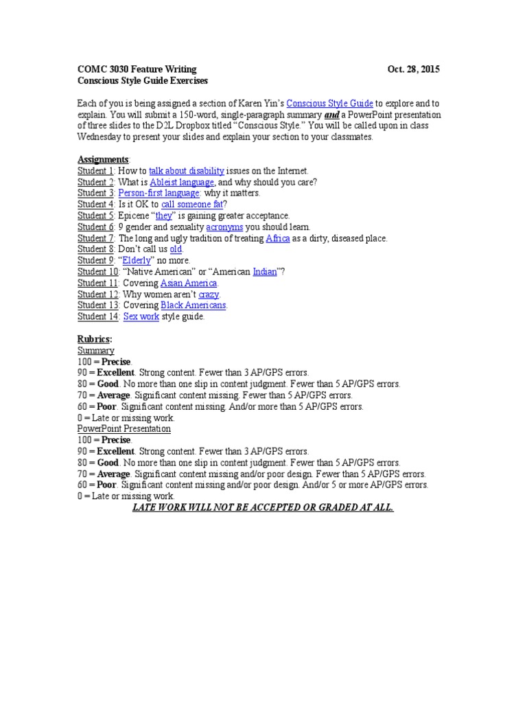 Conscious Style Guide Exercises For COMC 3030 Feature Writing - Augusta ...