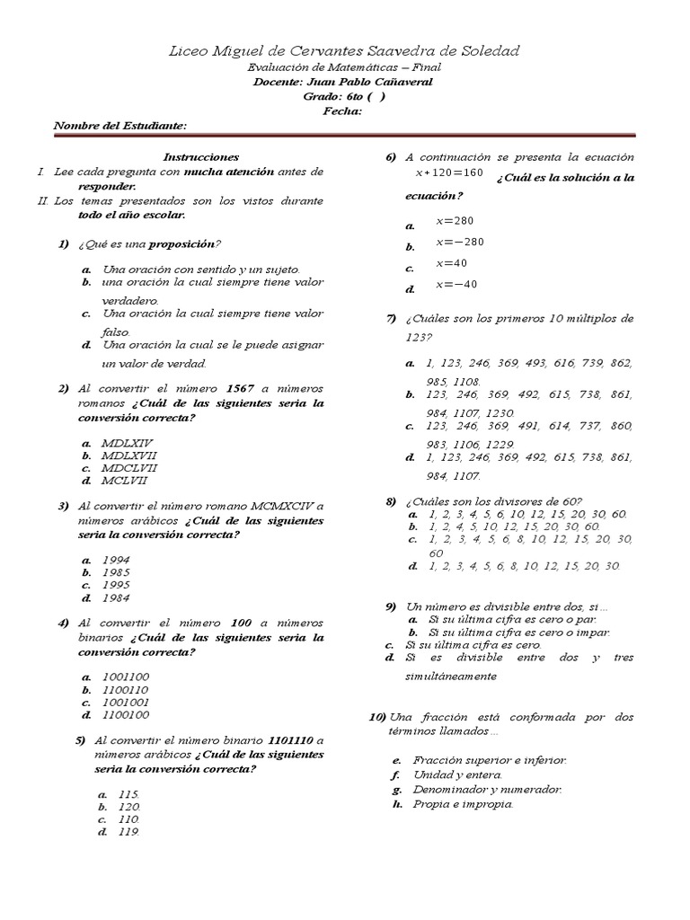 Examen Matemáticas - Sexto Grado | Fracción (Matemáticas) | Lexicología