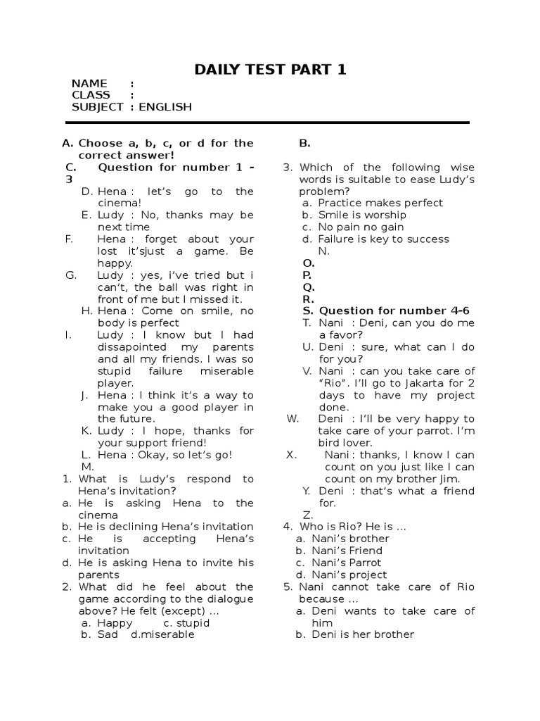 Daily Test Part 1: Name: Class: Subject: English | PDF