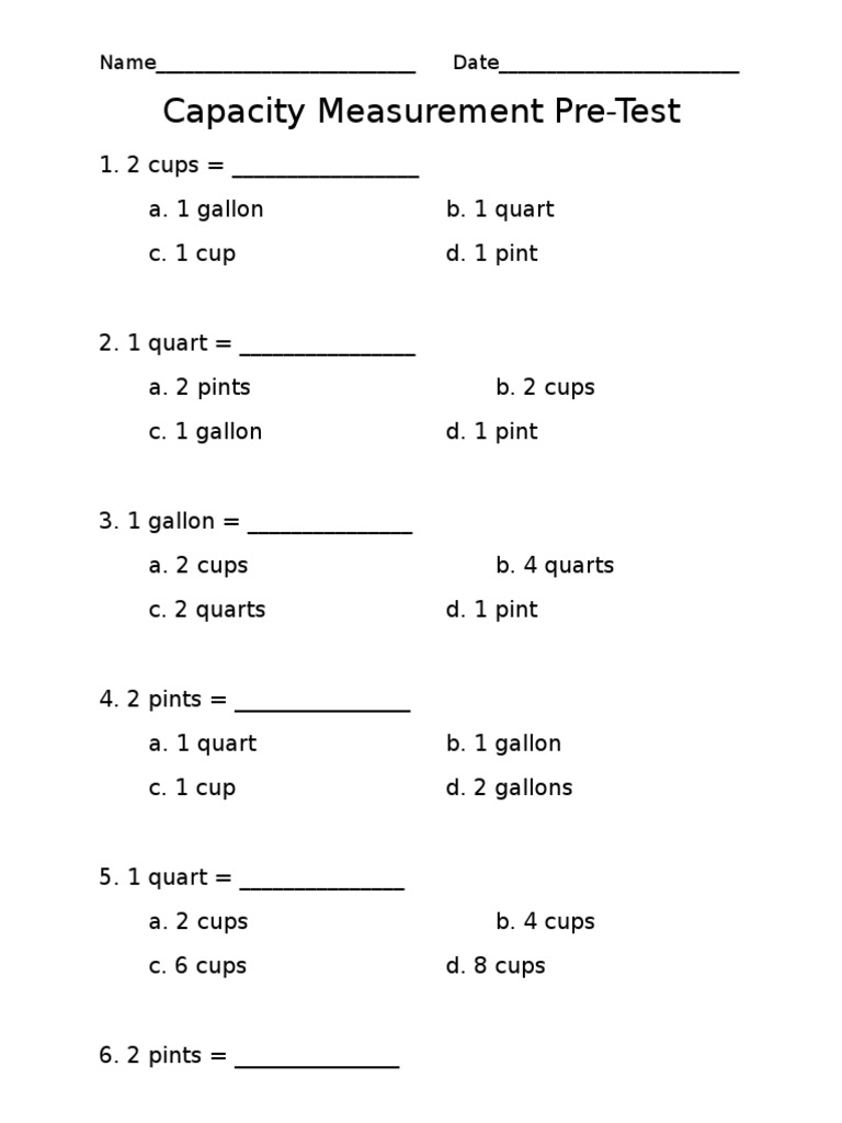 Capacity Measurement Pre-Test | PDF | Cooking, Food & Wine