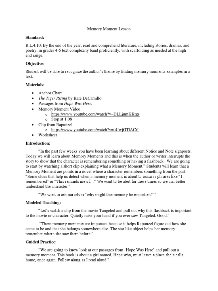 Memory Moment Lesson | PDF | Leisure
