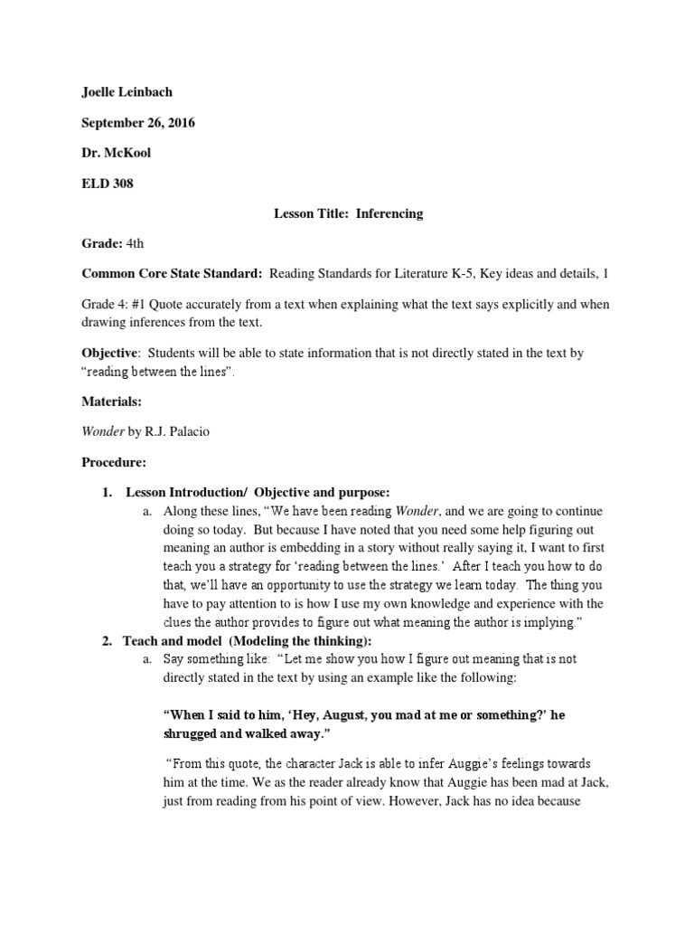 Inferencing Lesson Plan | PDF | Inference | Reading (Process)
