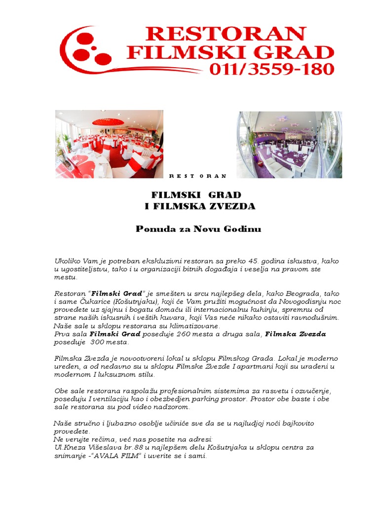 Restoran Filmski Grad I Klub Filmska Zvezda, Docek Nove Godine 2017. | PDF
