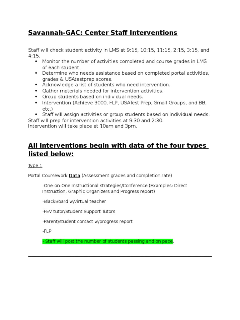 Gac-Savannah-Staff Interventions | PDF | Lesson Plan | Behavior ...