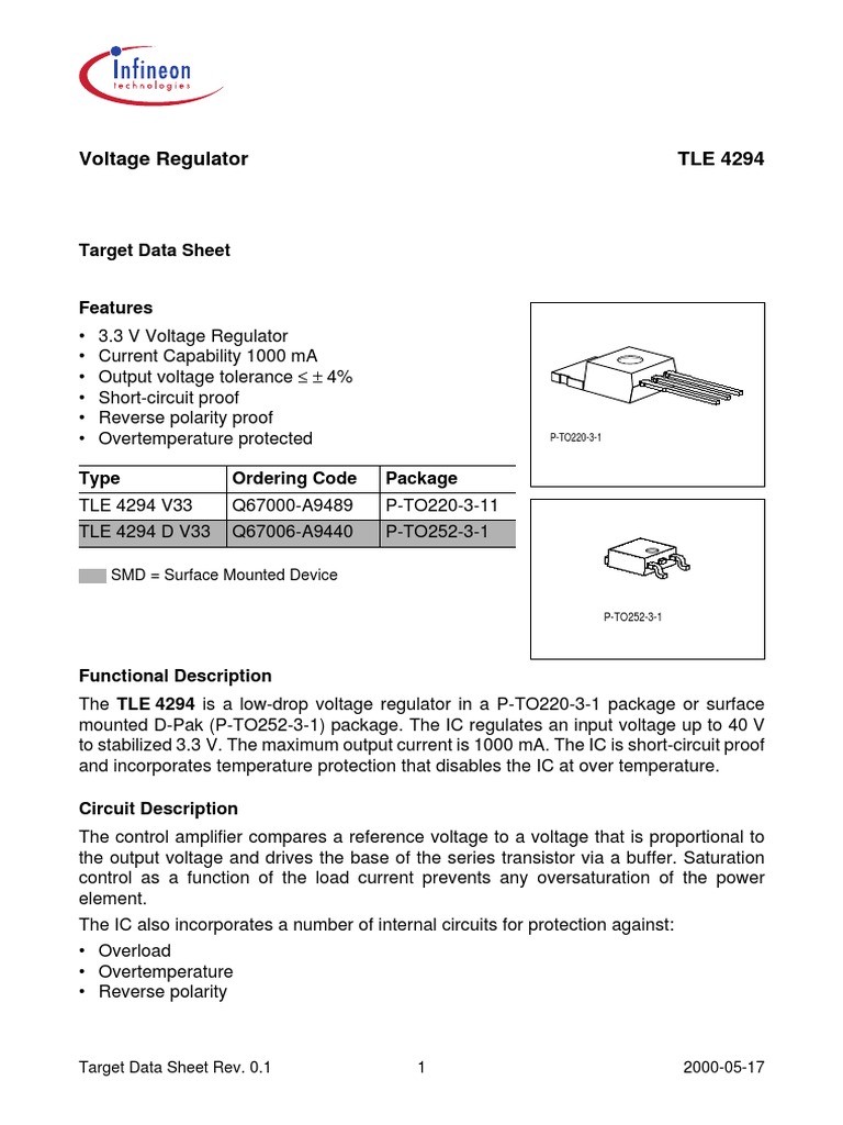 Voltage Regulator TLE 4294: Target Data Sheet | PDF | Capacitor ...