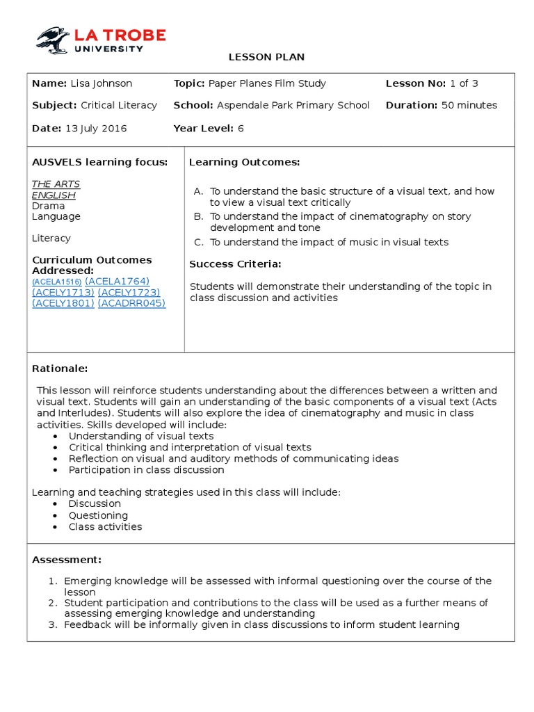 Paper Planes Film Study Lesson Plan | PDF | Lesson Plan | Critical Thinking