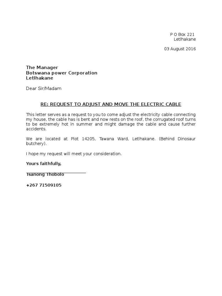 Request to Adjust Electric Cable | PDF