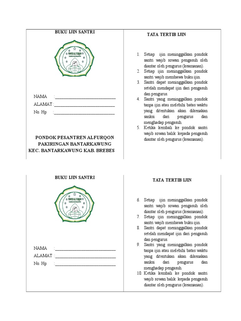 Buku Ijin Santri Fix | PDF