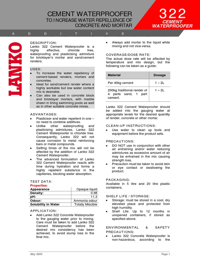 Lanko 322 Waterproof Cement Additive | PDF | Concrete | Mortar (Masonry)