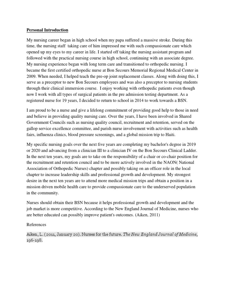 personal introduction | Nursing | Patient