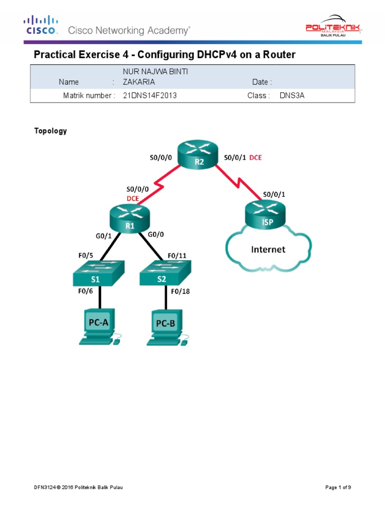Practical Exercise 4 - Configuring Dhcpv4 On A Router | PDF | Ip Address | Router (Computing)