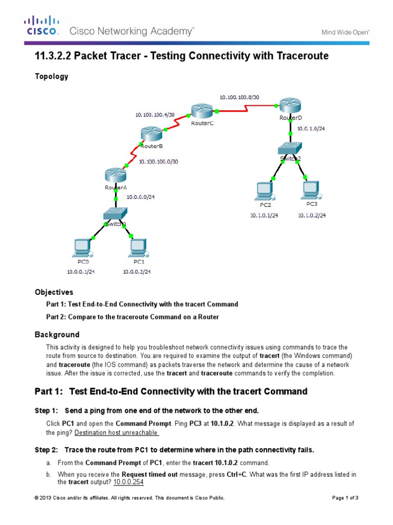 11 3 2 2 Packet Tracer Test Connectivity With Traceroute Instructions Pdf Router