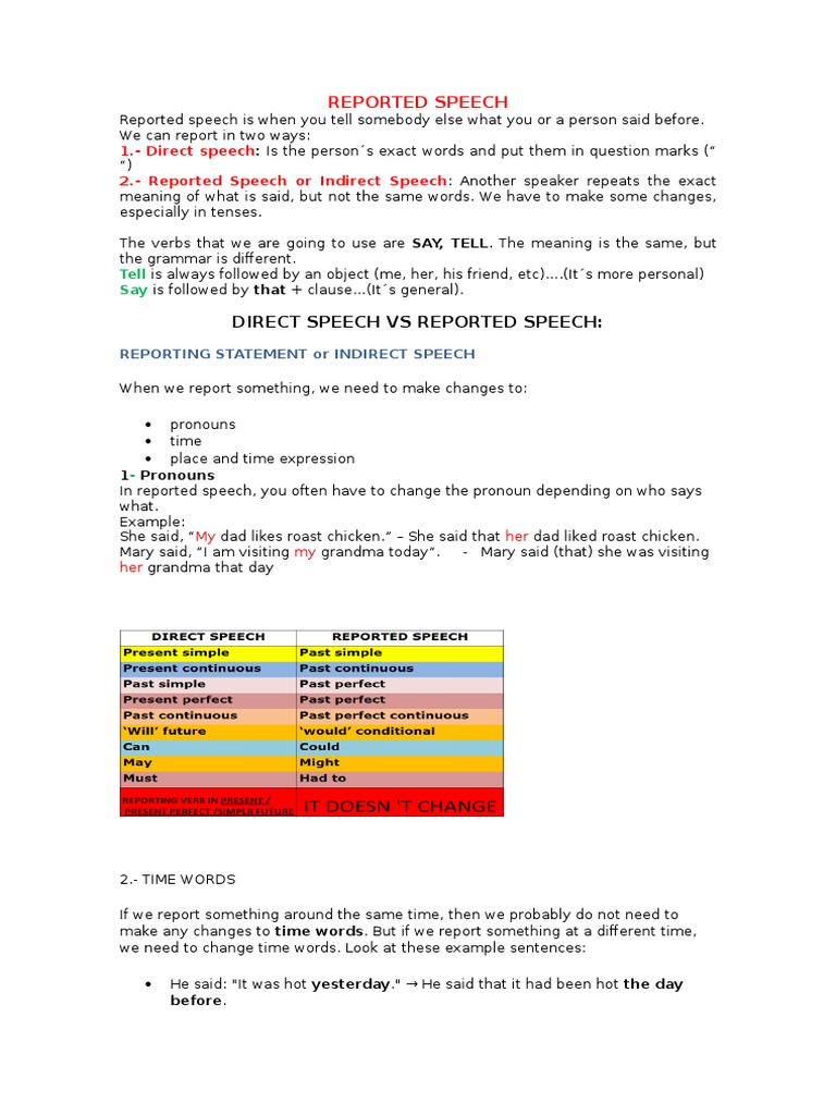 Direct Speech Vs Reported Speech | PDF | Grammar | Cognitive Science