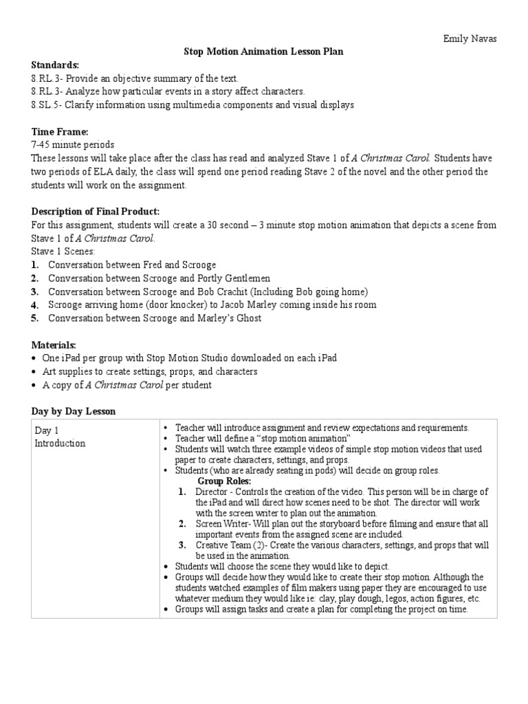 Stop Motion Animation Lesson Plan | PDF | A Christmas Carol | Ebenezer ...