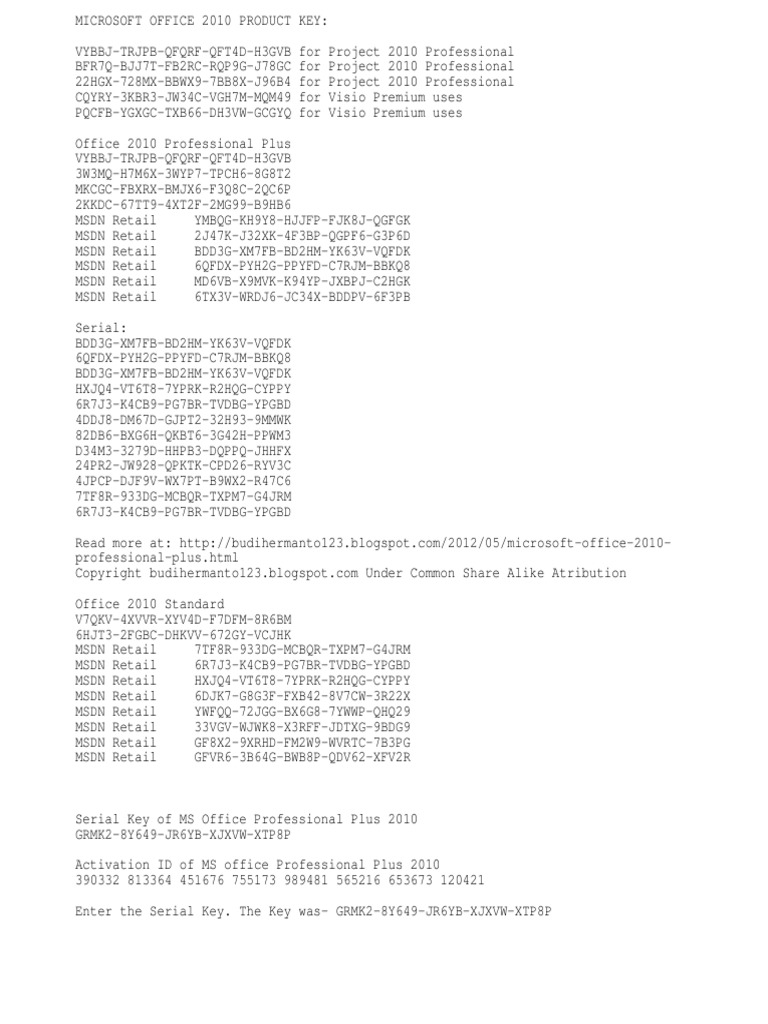 MS Office 2010 Product Keys | PDF | Unix Software | Proprietary Cross ...