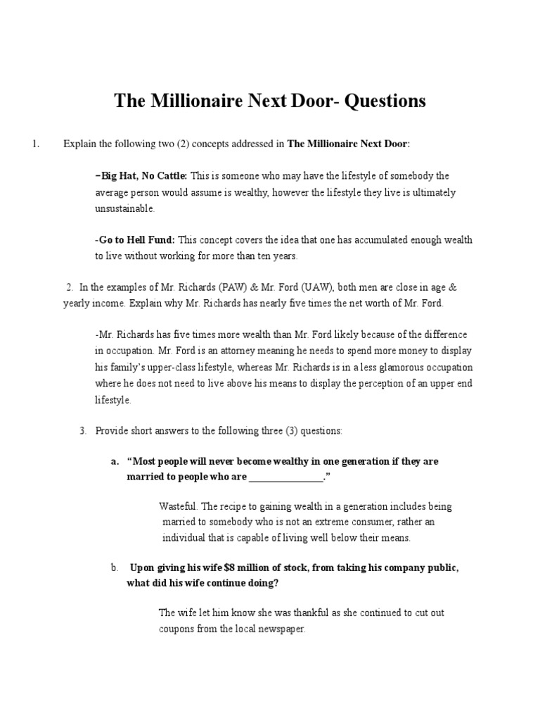 The Millionaire Next Door - Questions | PDF | Millionaire | Wealth